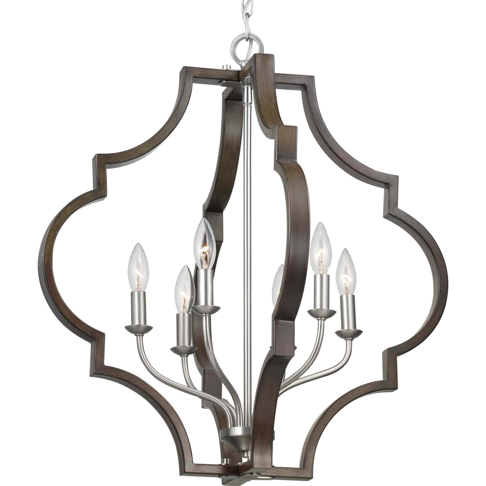 Progress Lighting Teigen 6-Light Teak Wood and Satin Nickel Farmhouse ...