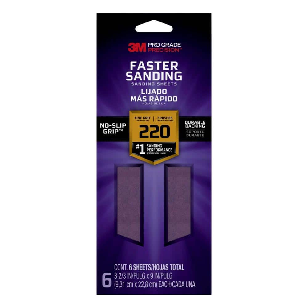 3M Pro Grade Precision 3 2/3 in. x 9 in. Fine 220-Grit Sheet Sandpaper ...
