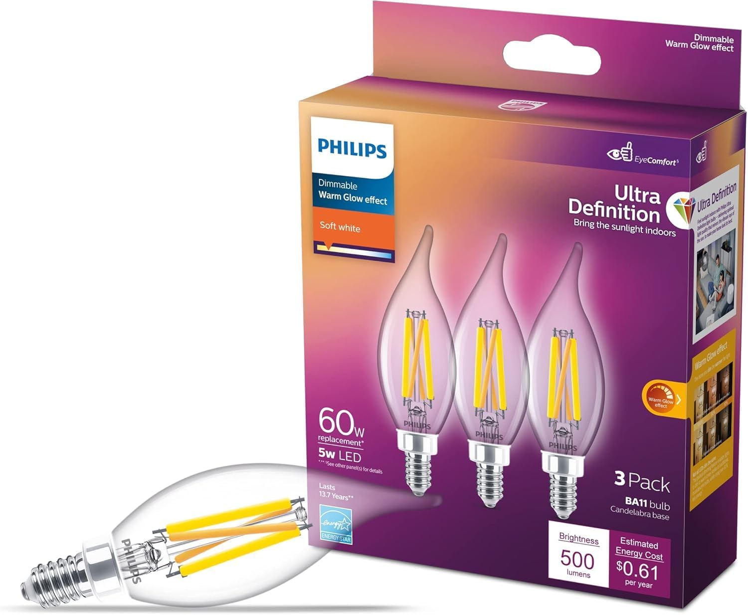 Philips 75-Watt Equivalent BA11 Dimmable Edison Glass LED Candle Light ...