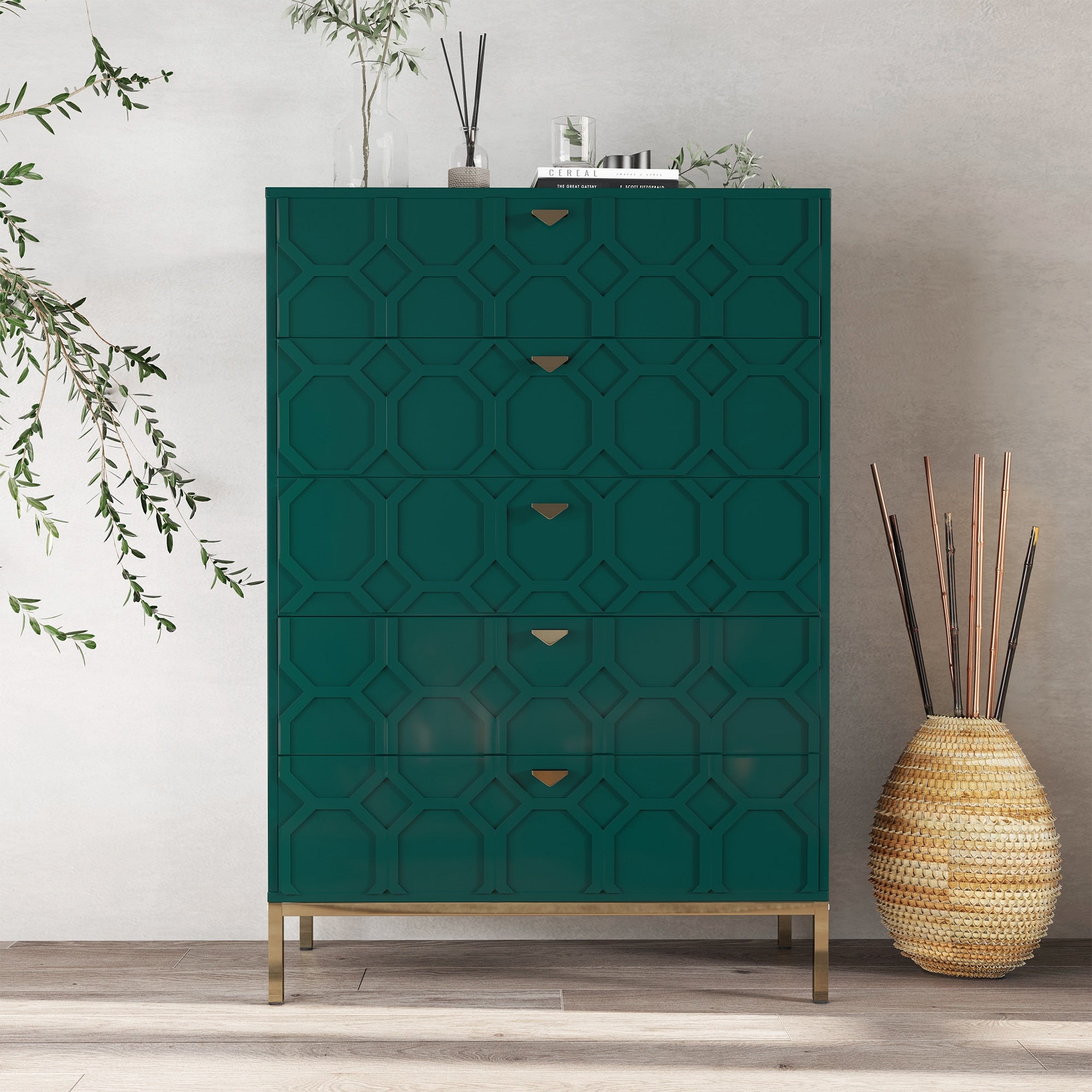 Clihome 5-Drawer MDF Green Storage Cabinet Green 5-Drawer Accent Chest ...