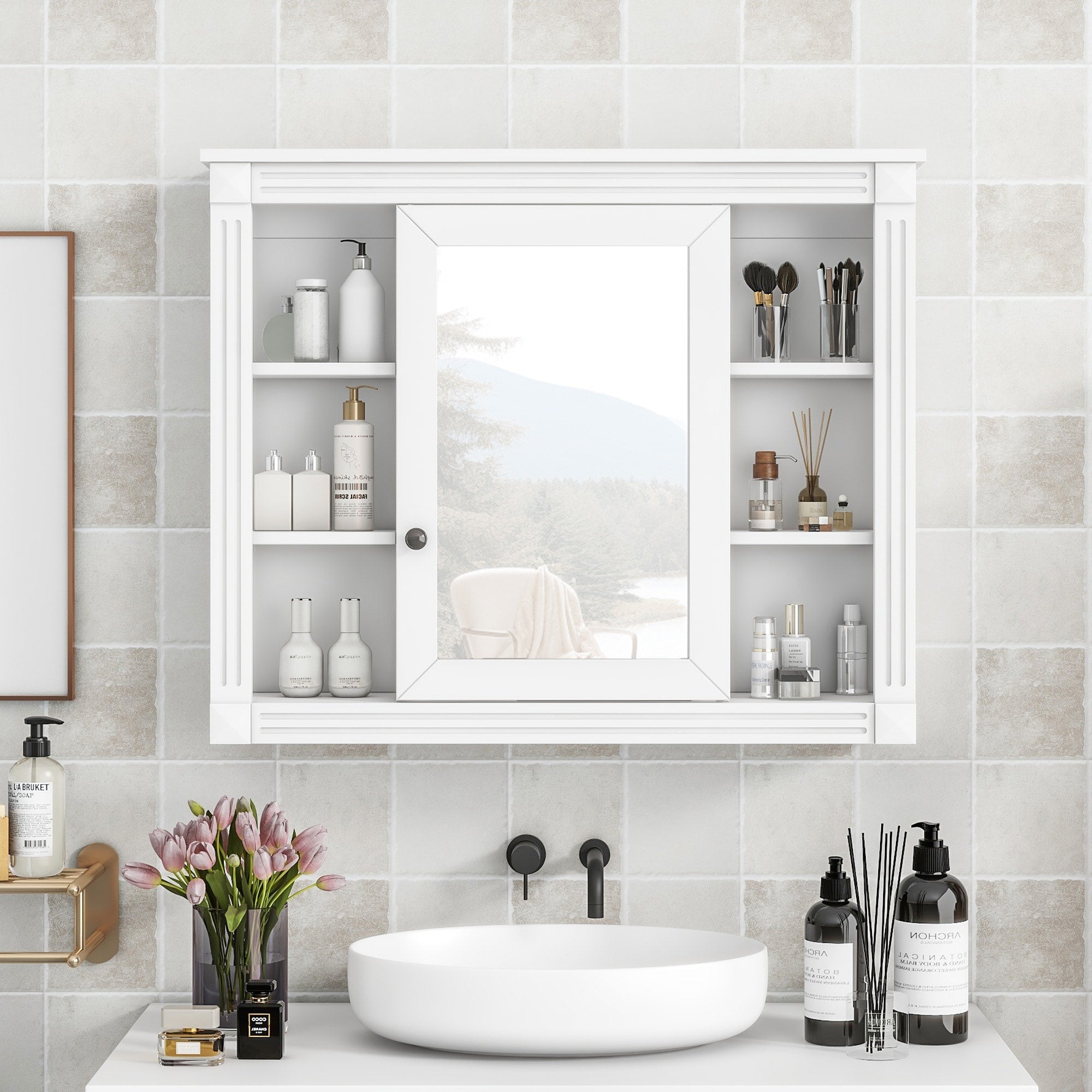 WELLFOR 35-in x 28.7-in Surface Mount White Mirrored Soft Close Medici ...