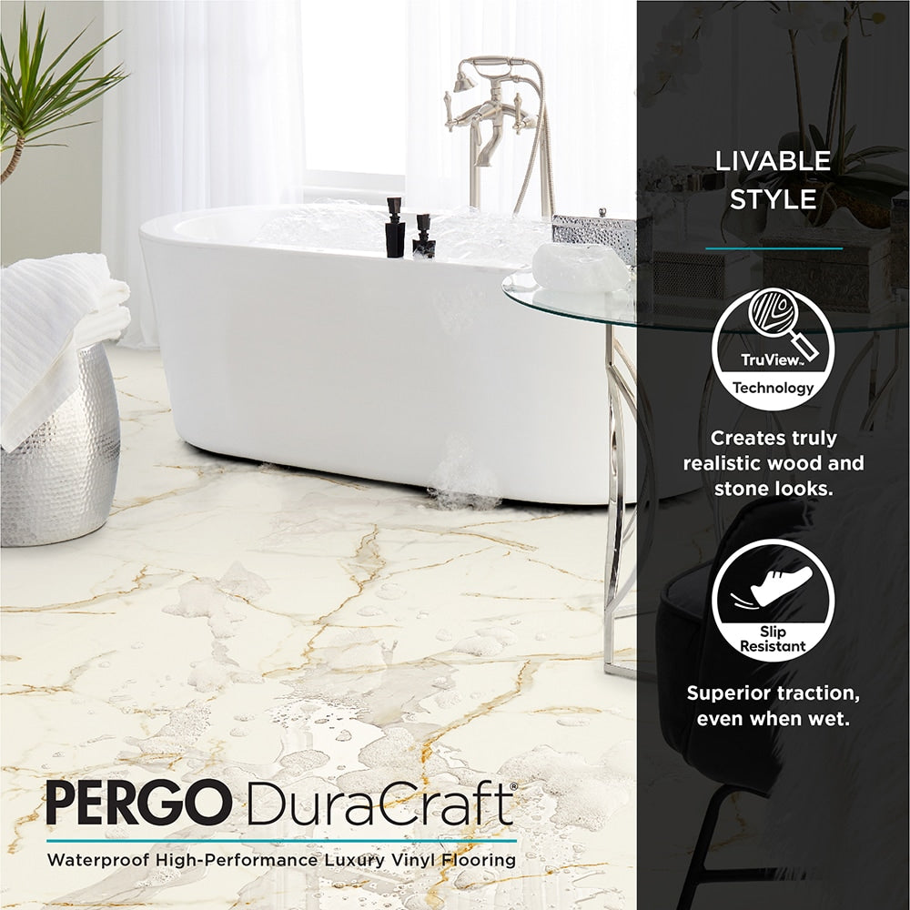 Pergo Marbella Limestone Gray Luxury Vinyl Tile Flooring with WetProte ...