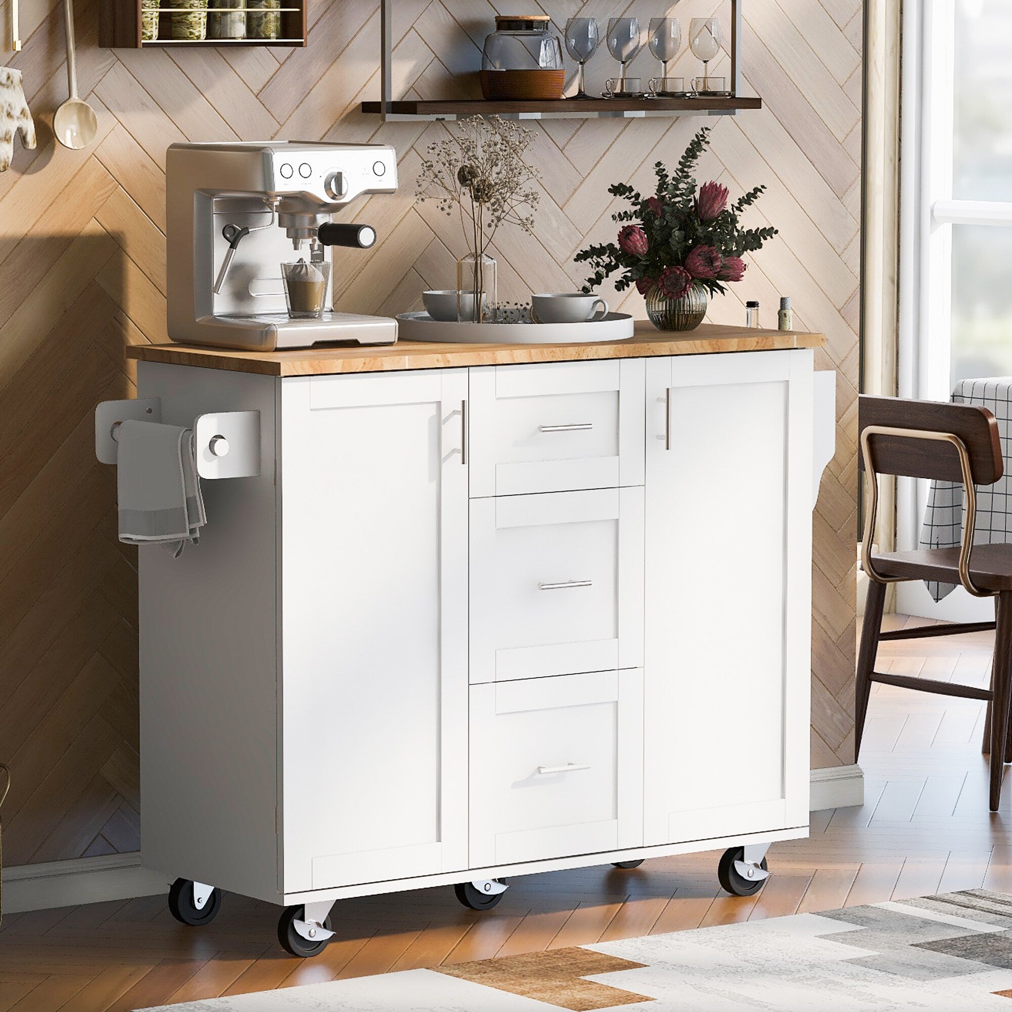 Runesay White Mdf Base with Mdf Wood Top Rolling Kitchen Island (17-in ...