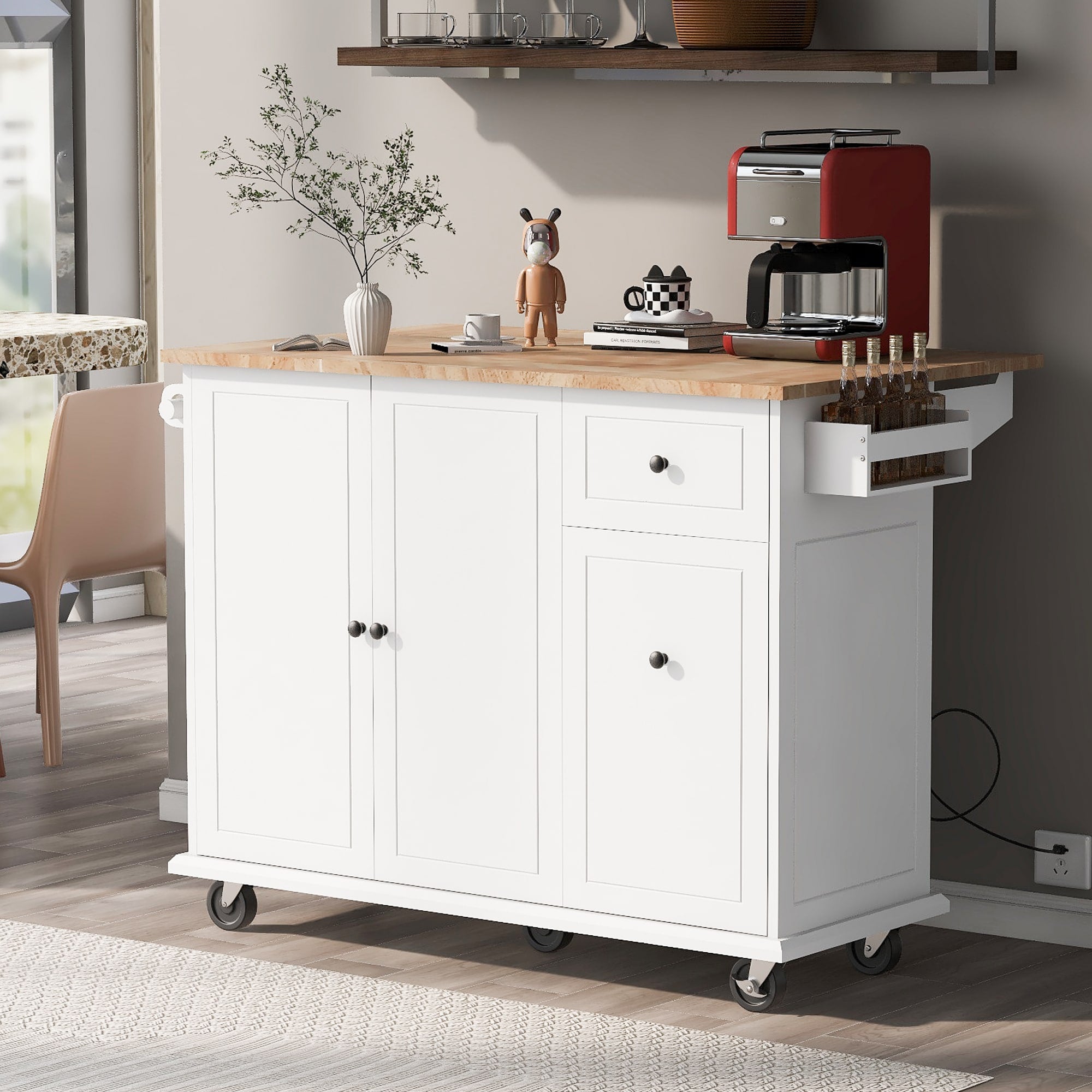 Runesay White Wood Base with Wood Top Rolling Kitchen Island (28.74-in ...