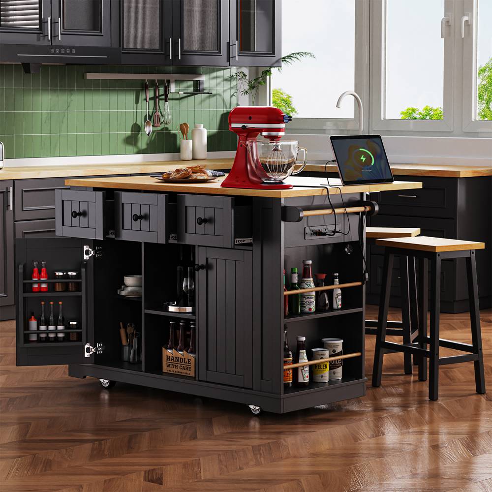 Runesay Black Mdf Base with Mdf Wood Top Rolling Kitchen Island (29.52 ...