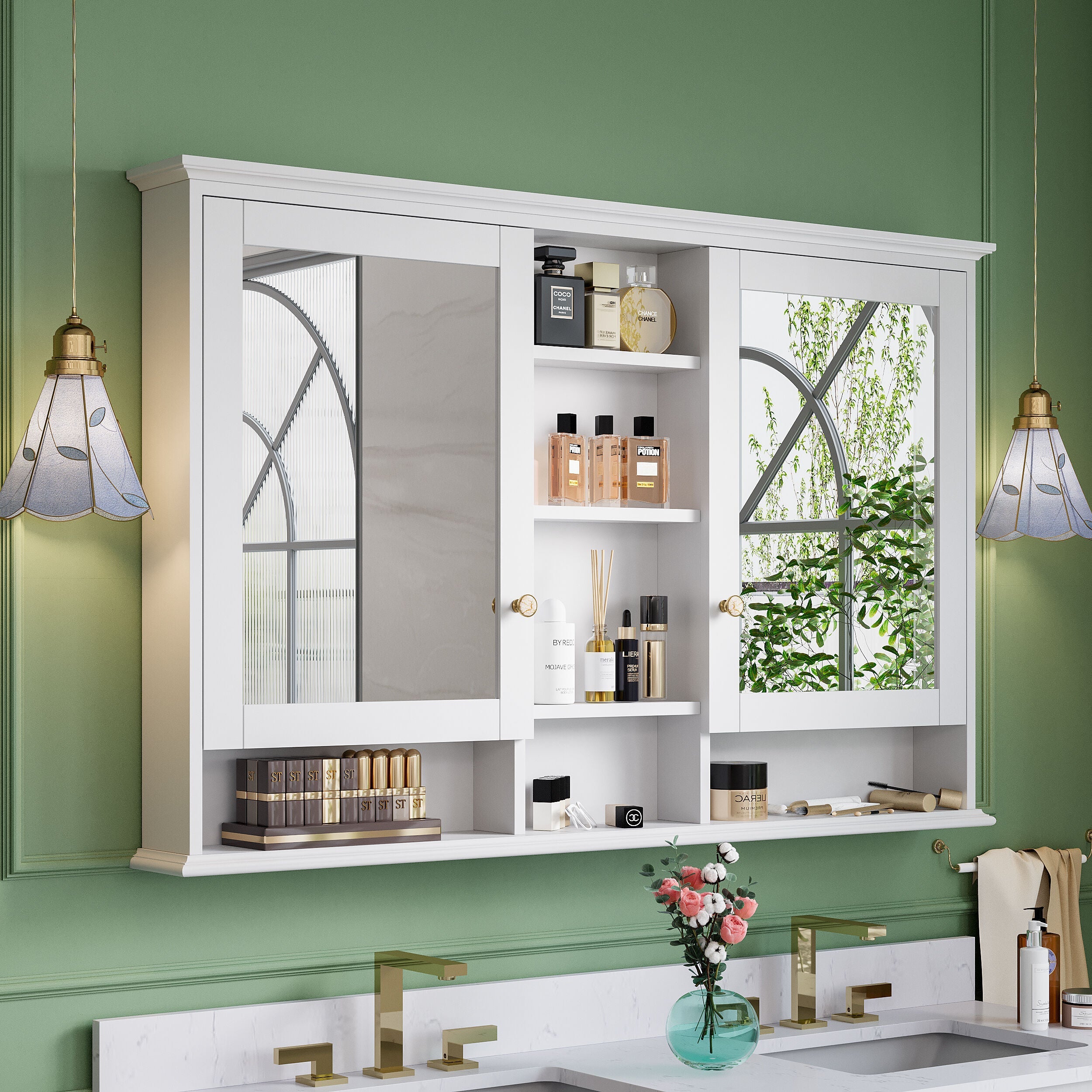 WELLFOR V1 Solid Wood 55-in x 35-in Surface Mount White Mirrored Soft ...