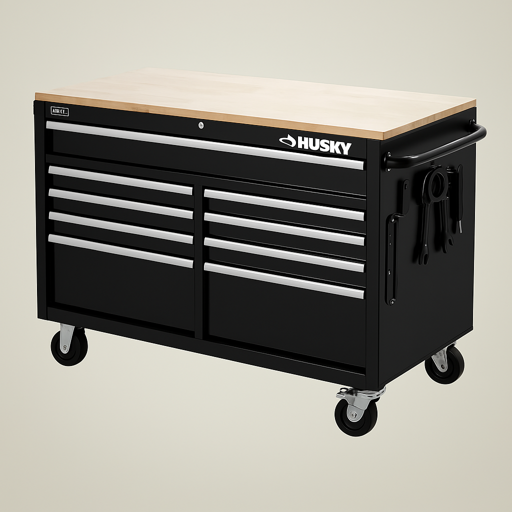 Husky 46 in. W 9-Drawer Mobile Workbench in Gloss Black with Hardwood ...