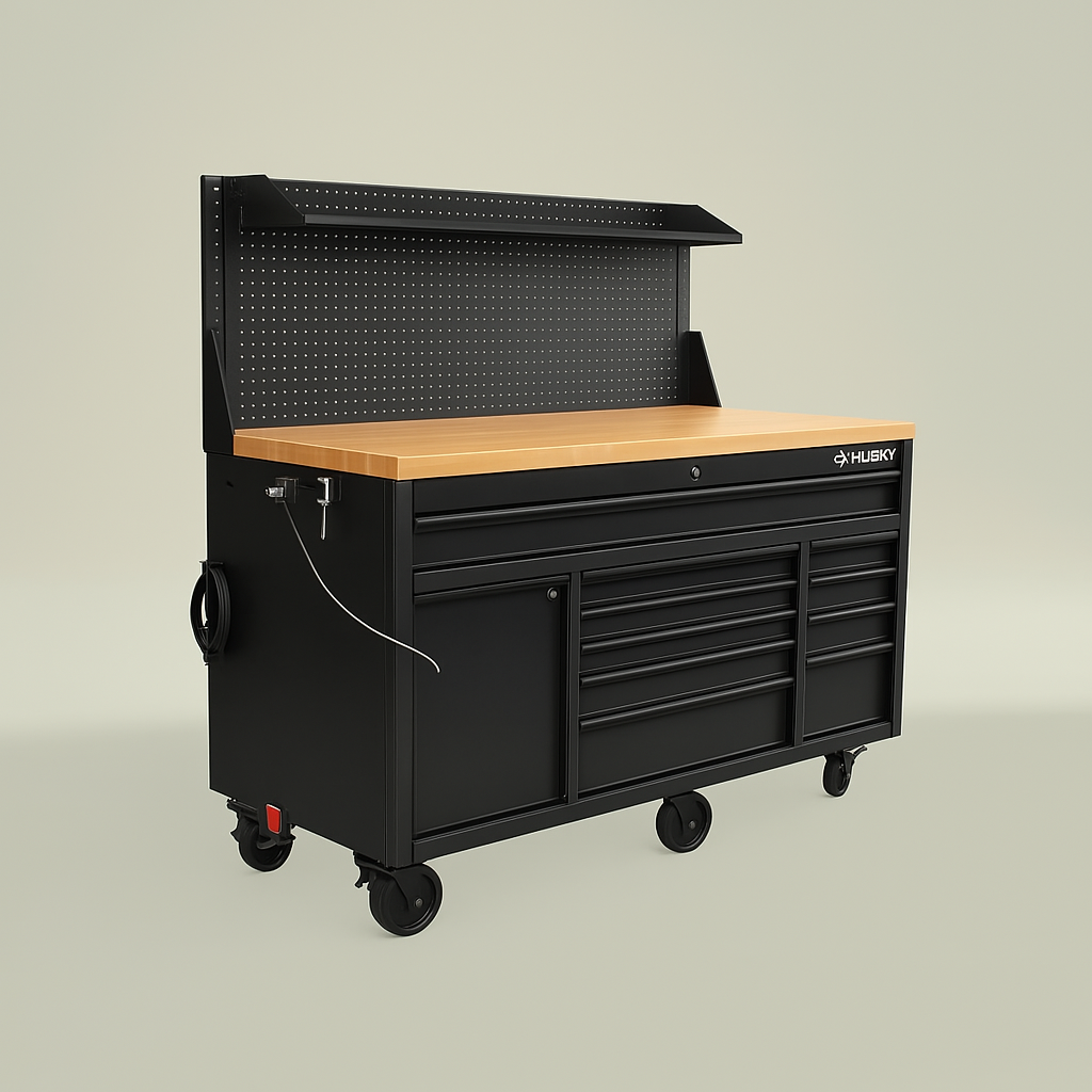 Husky 61 in. Heavy Duty 10-Drawer 1-Door Mobile Workbench with Hardwoo ...