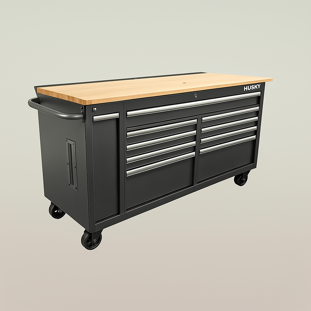 Husky 61-inch Mobile Workbench with 10 Drawers and Sliding Bin Storage ...