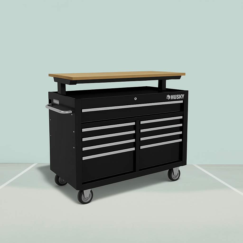 Husky 46 in. Adjustable Mobile Workbench with 9 Drawers and Power Supp ...