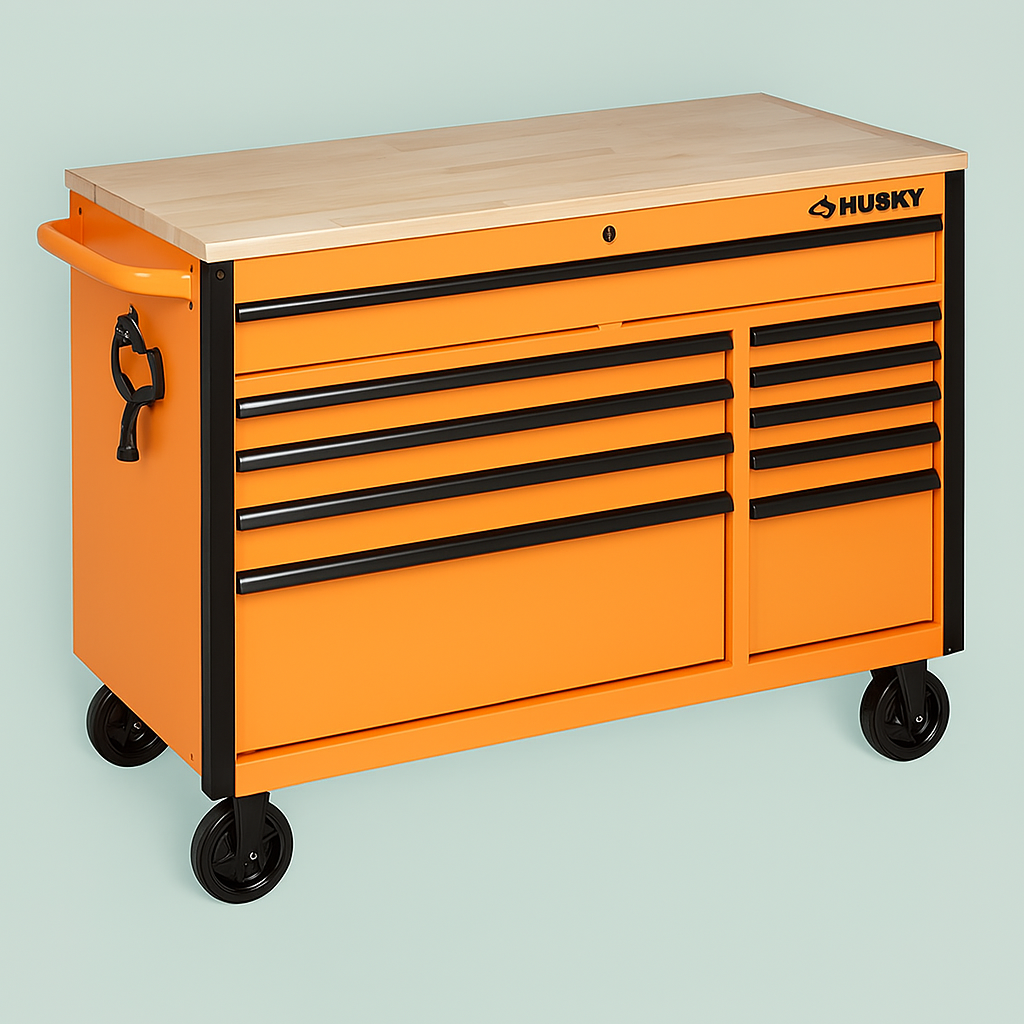 Husky 52-inch Gloss Orange Mobile Workbench with Wood Top – Super Arbor