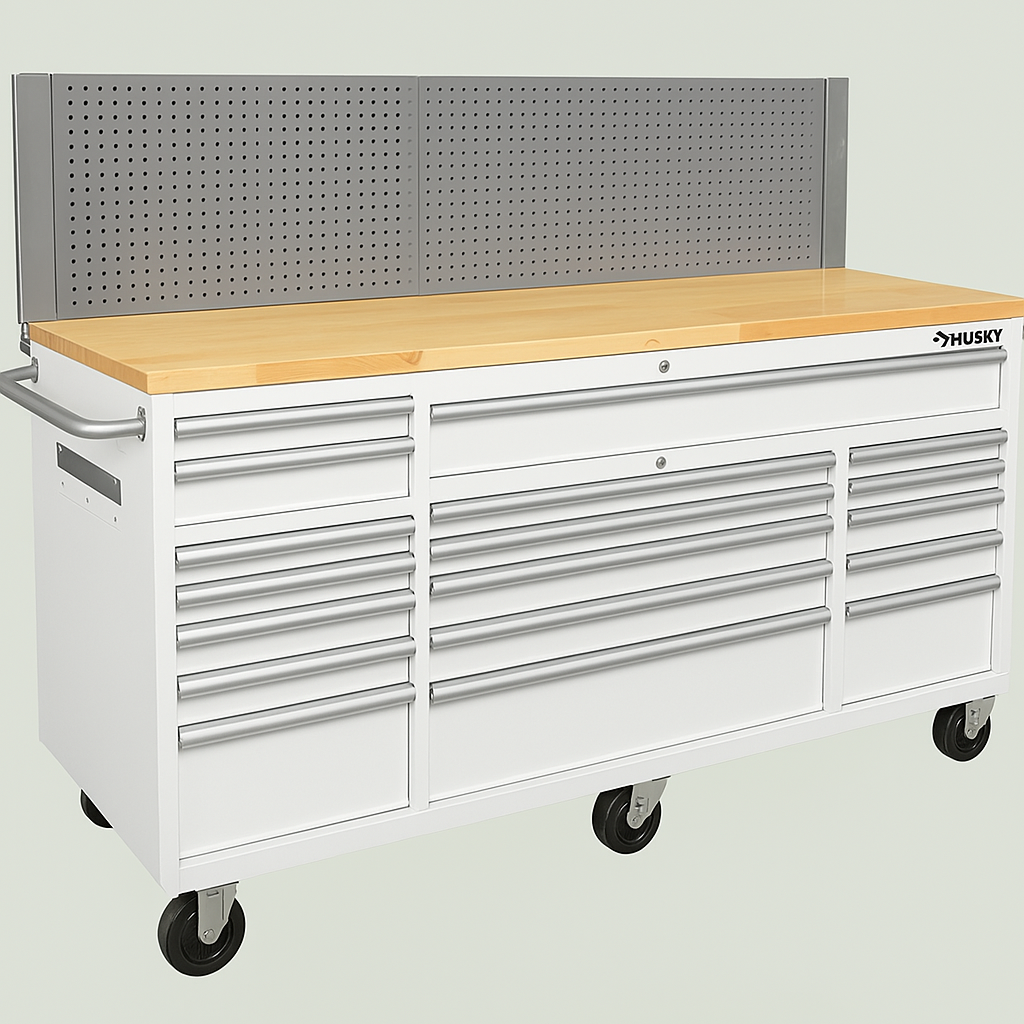 Husky 72" Mobile Workbench with Solid Wood Top and Pegboard – Super Arbor