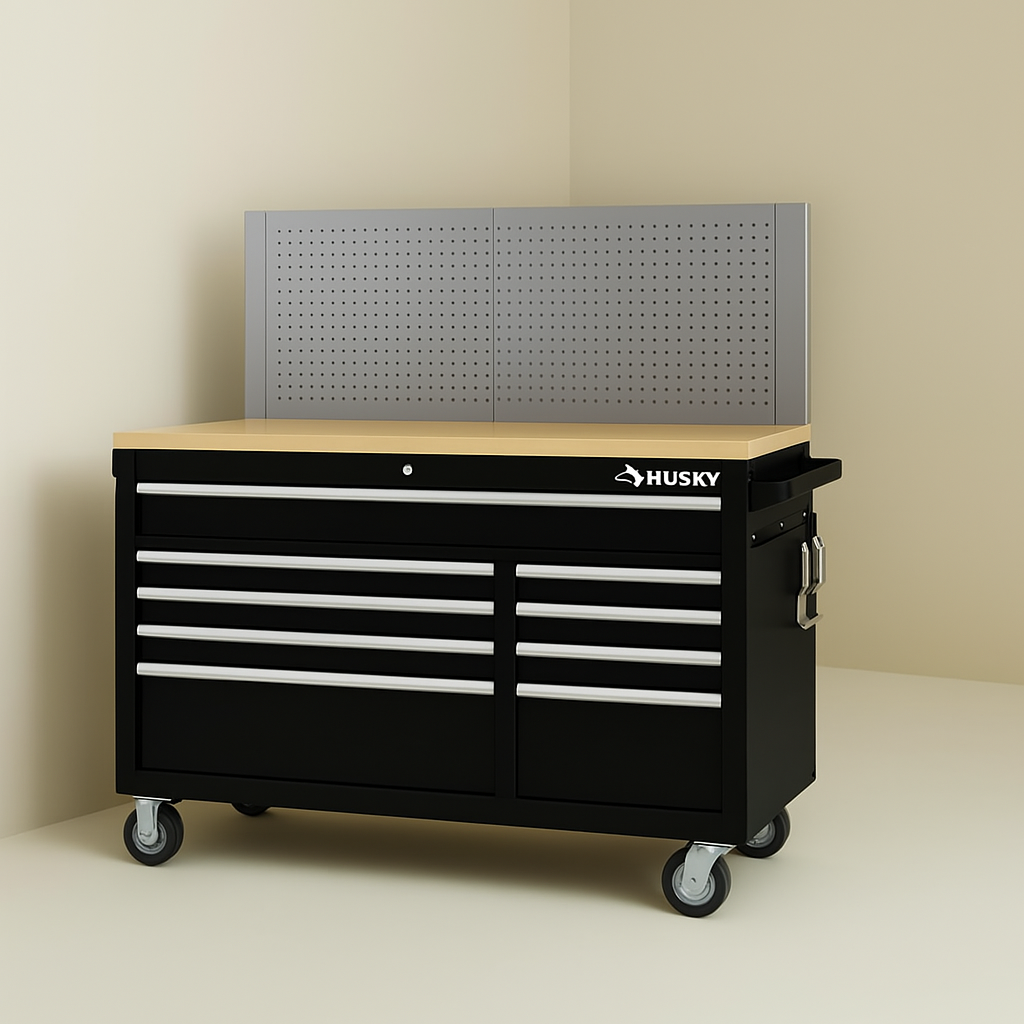 Husky 52" Mobile Workbench with Pegboard and Solid Wood Top – Super Arbor