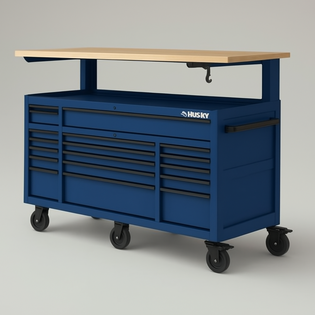 Husky 72-inch Heavy-Duty Adjustable Mobile Workbench with Solid Wood T ...