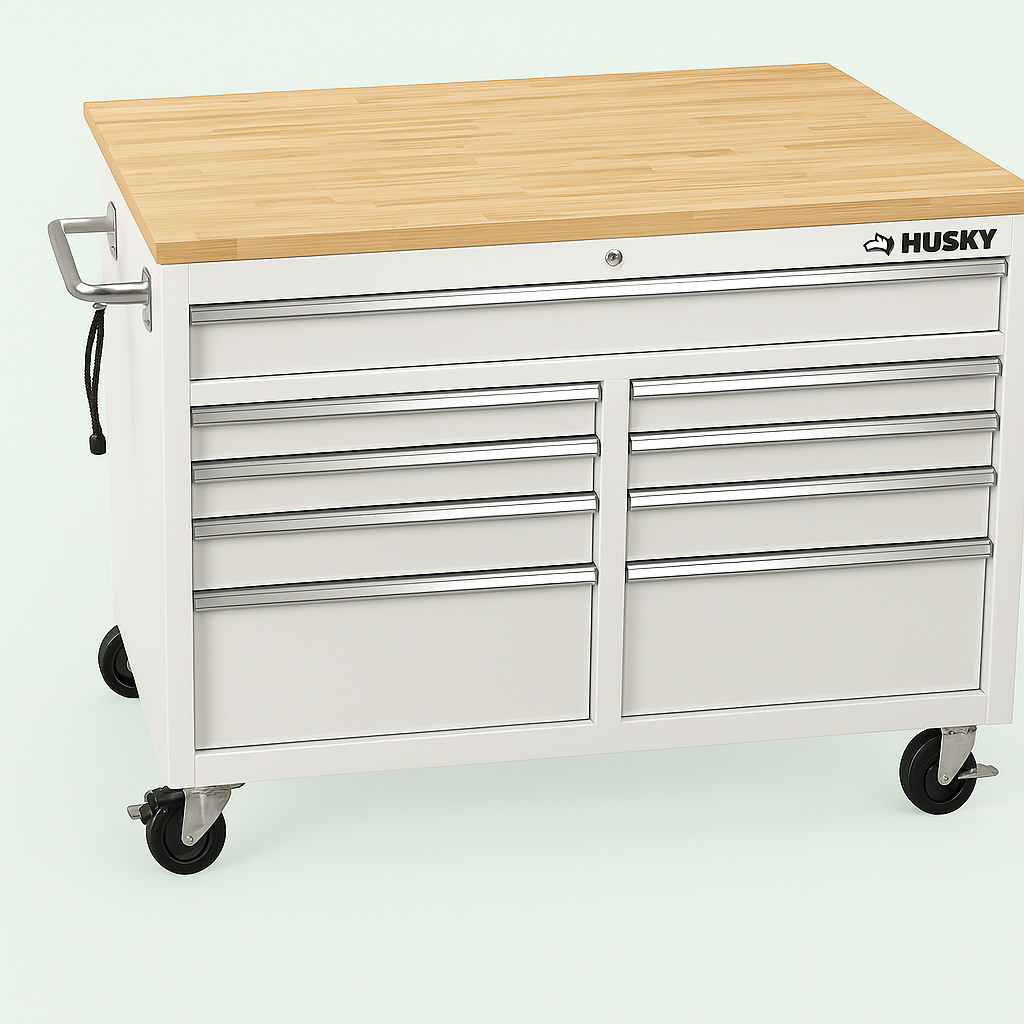 Husky 46 in. Gloss White Mobile Workbench Cabinet with Solid Wood Top ...