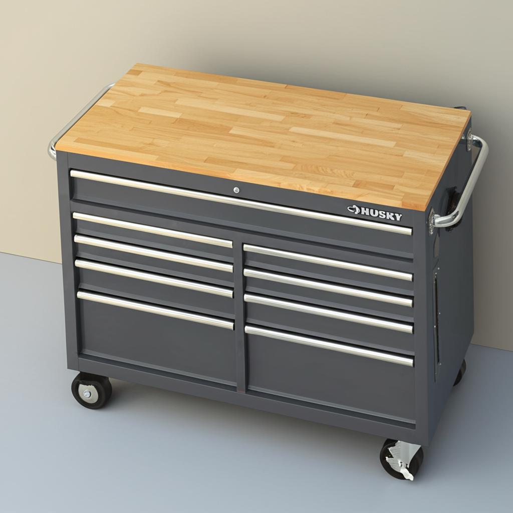 Husky 46 in. W x 24.5 in. D 9-Drawer Gloss Gray Mobile Workbench ...