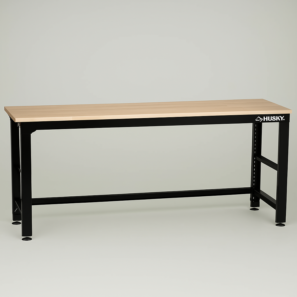Husky 8 ft. Adjustable Height Solid Wood Top Workbench, Black Steel Fr ...