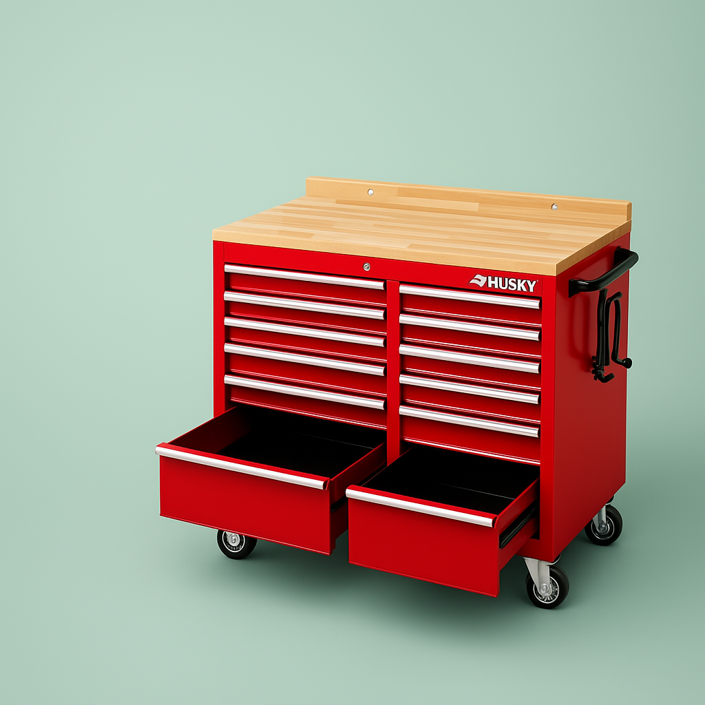 Husky 52 in. 9-Drawer Gloss Red Mobile Workbench Tool Chest with Mecha ...