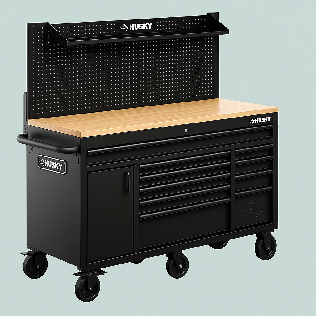 Husky Heavy-Duty 61 in. W 10-Drawer 1-Door Mobile Workbench with Flip ...