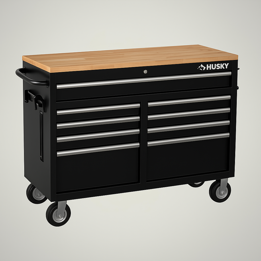 Husky 46 in. 9-Drawer Mobile Workbench in Black with Solid Wood Top ...