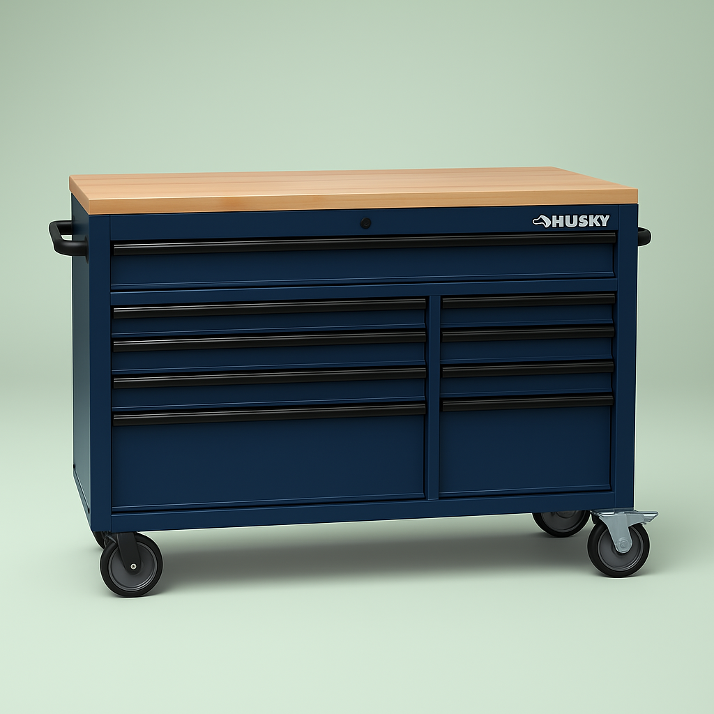 Husky 56 in. 9-Drawer Mobile Workbench in Matte Blue with Solid Wood T ...