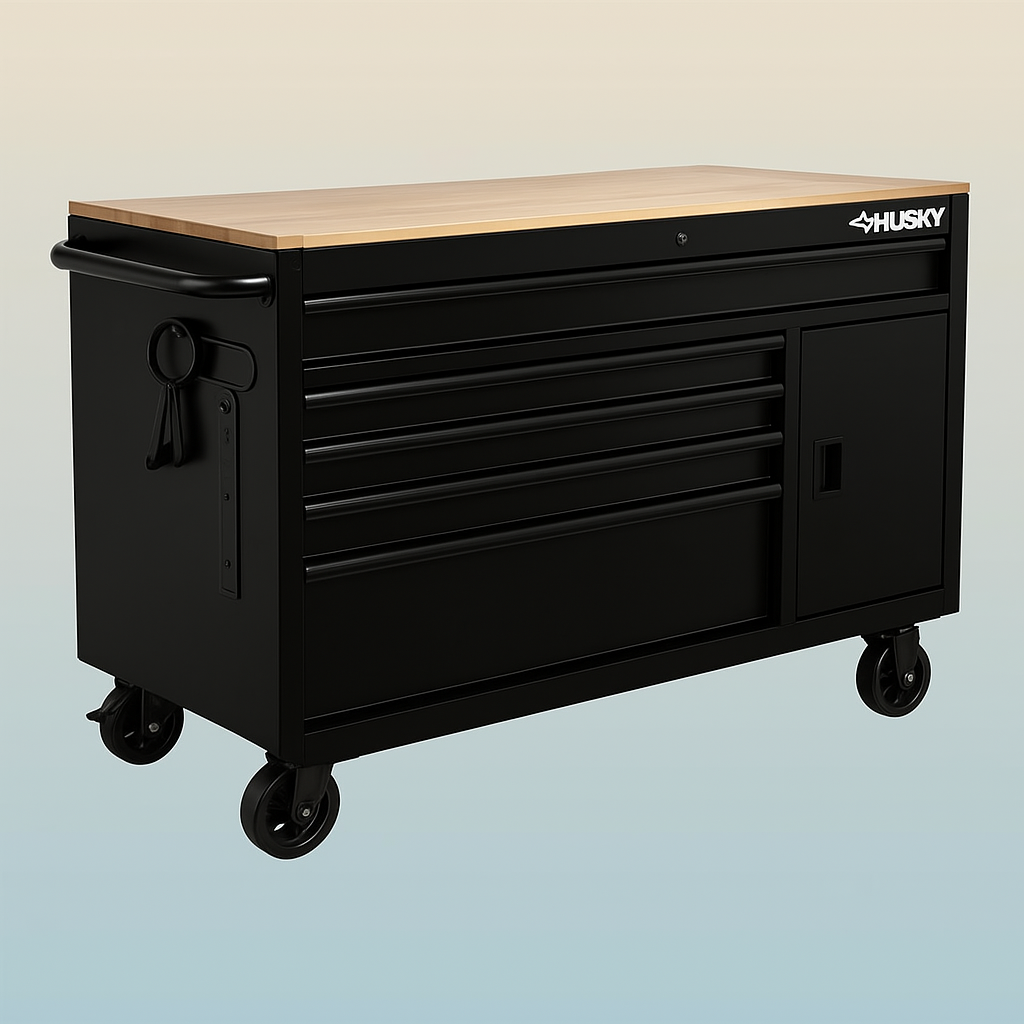 Husky 56 in. W x 24.5 in. D 5-Drawer Mobile Workbench in Matte Blue wi ...