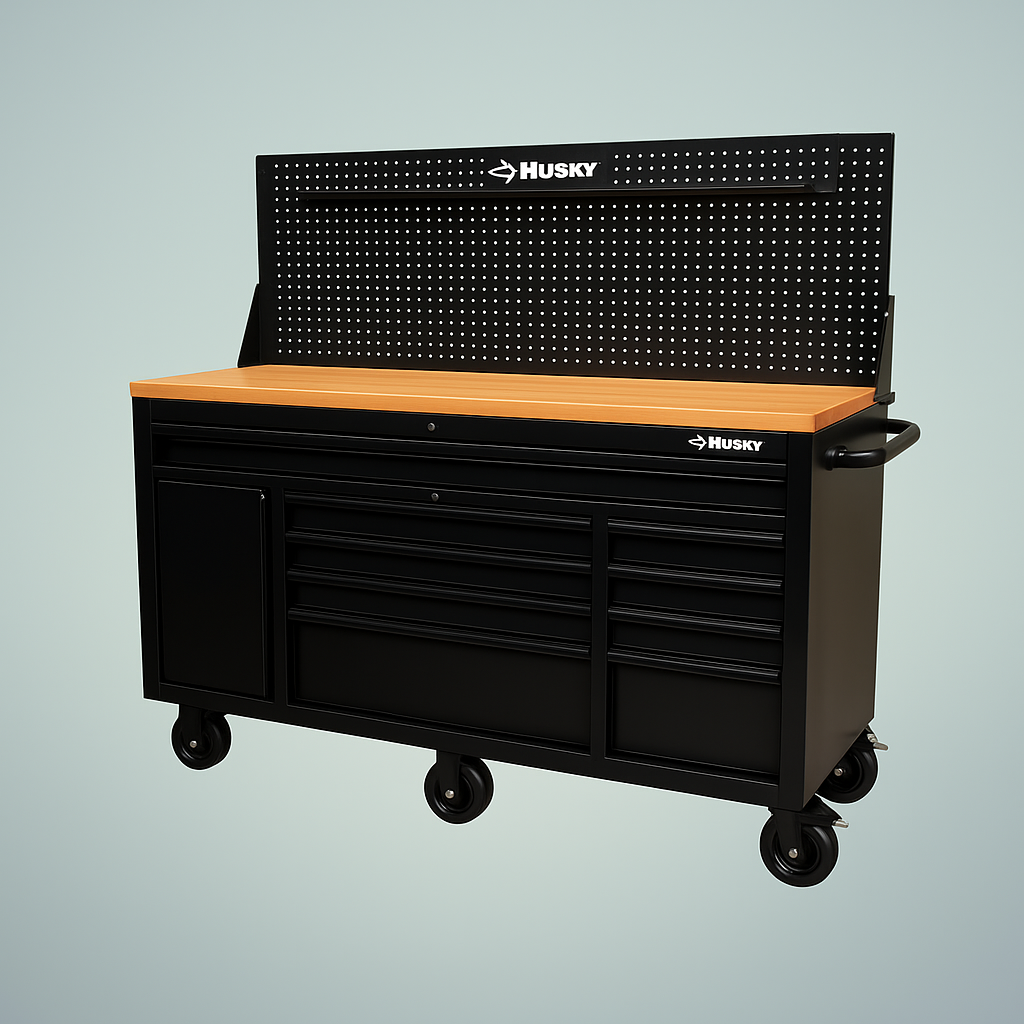 Husky Heavy-Duty 61 in. W 10-Drawer 1-Door Mobile Workbench with Hardw ...