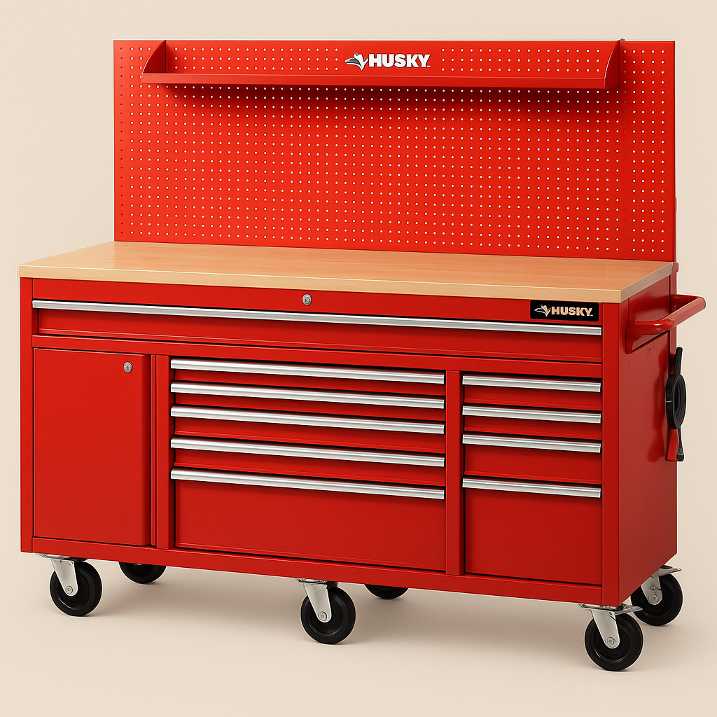 Husky Heavy-Duty 61 in. W 10-Drawer 1-Door Mobile Workbench with Flip ...