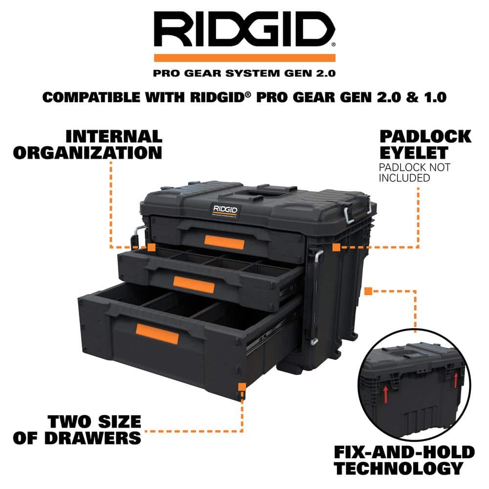 RIDGID Pro Gear System Gen 2.0 XL 3-Drawers Water and Dust Resistant D ...