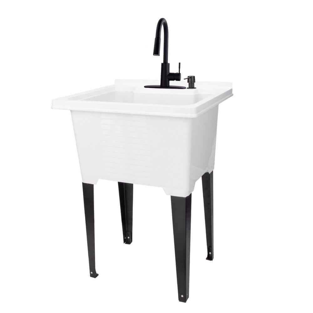 TEHILA 25 in. ABS Plastic Freestanding Utility Sink with Black Hi-Arc ...