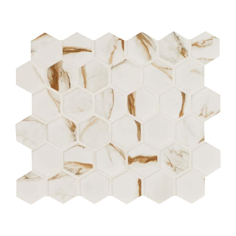 MSI Calacatta Gold 2 in. Hexagon Matte Porcelain Mesh-Mounted Mosaic T ...