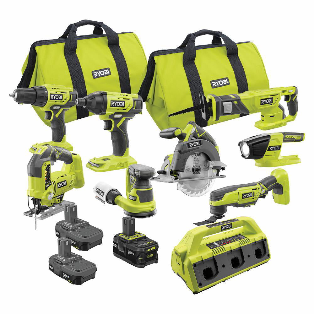 RYOBI ONE+ 18V Cordless 9‑Piece Combo Kit with (3) Batteries and 6‑Por ...