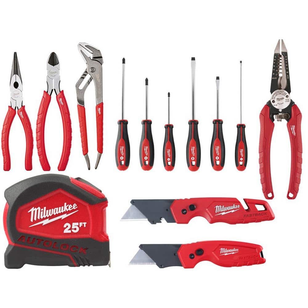 Milwaukee Pliers Kit with Screwdriver Set, 25 ft. Auto Lock Tape Measu ...