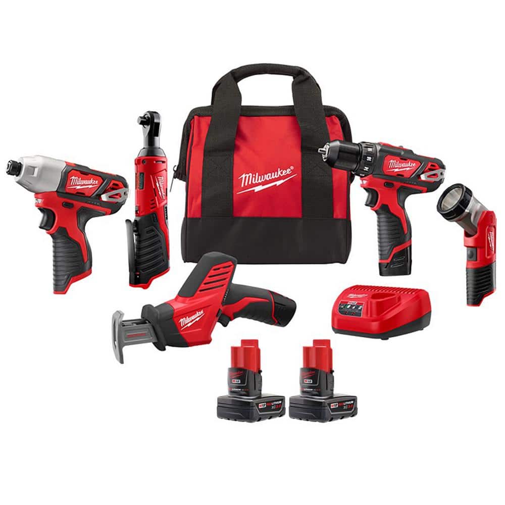 Milwaukee M12 12V Lithium-Ion Cordless Combo Kit (5-Tool) with M12 XC ...