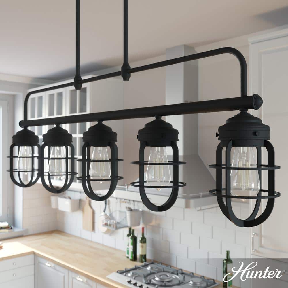 Hunter Starklake 5 Light Natural Iron Linear Chandelier with Metal Sha ...