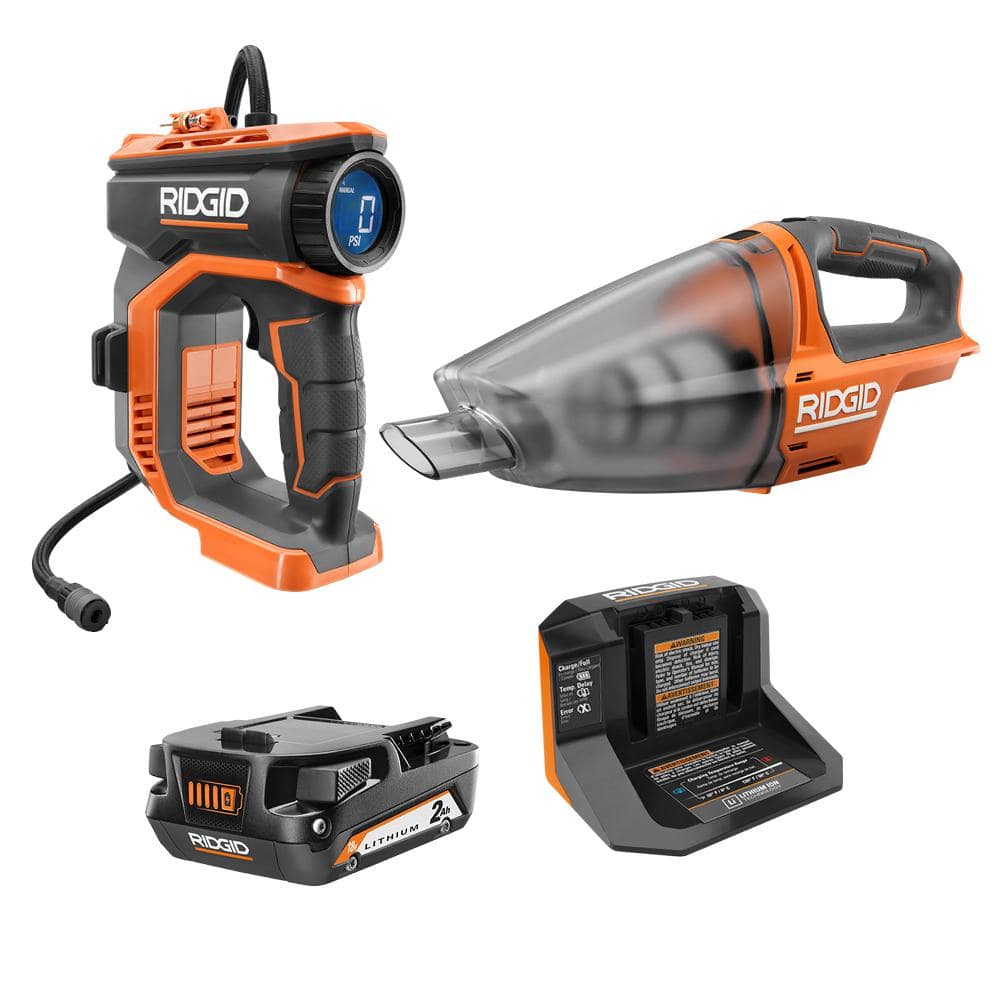 RIDGID 18V Cordless Digital Inflator Kit with Cordless Hand Held Vacuu ...