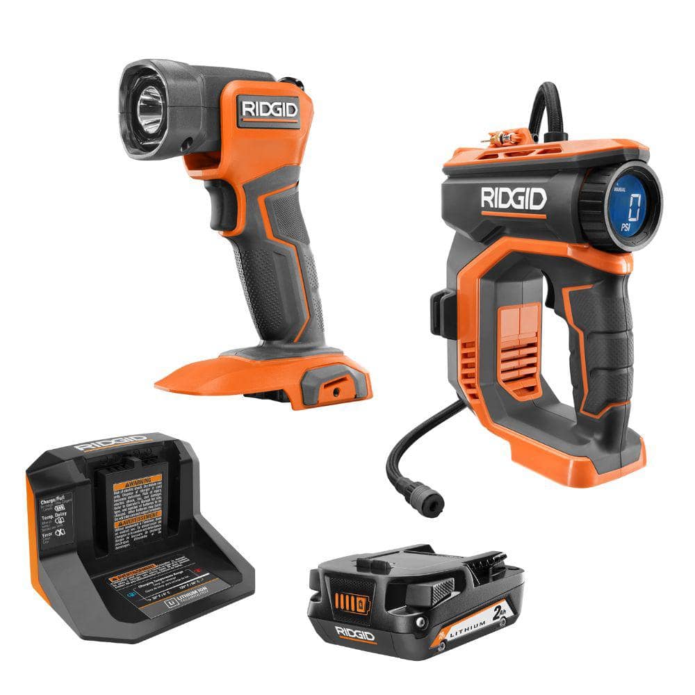 RIDGID 18V Cordless Digital Inflator Kit with 2.0 Ah Battery and Charg ...