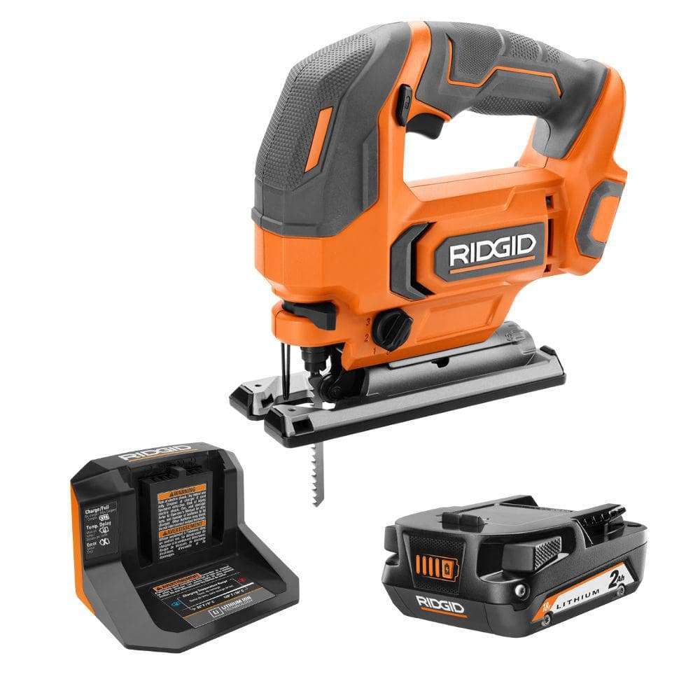 RIDGID 18V Cordless Jig Saw Kit with 2.0 Ah Lithium-Ion Battery and Ch ...
