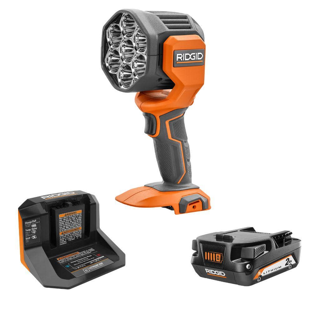 RIDGID 18V Cordless LED Spotlight Kit with 2.0 Ah Battery and Charger ...