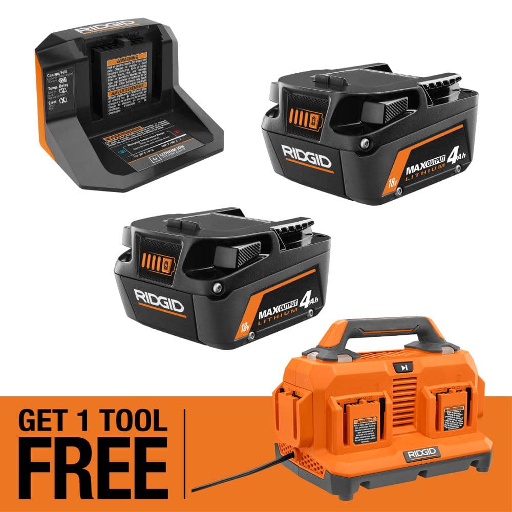 RIDGID 18V MAX Output Starter Kit with (2) 4.0 Ah MAX Output Batteries ...