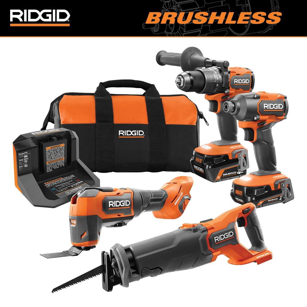 RIDGID 18V Lithium-Ion Brushless 4-Tool Combo Kit with (1) 2.0Ah & (1 ...