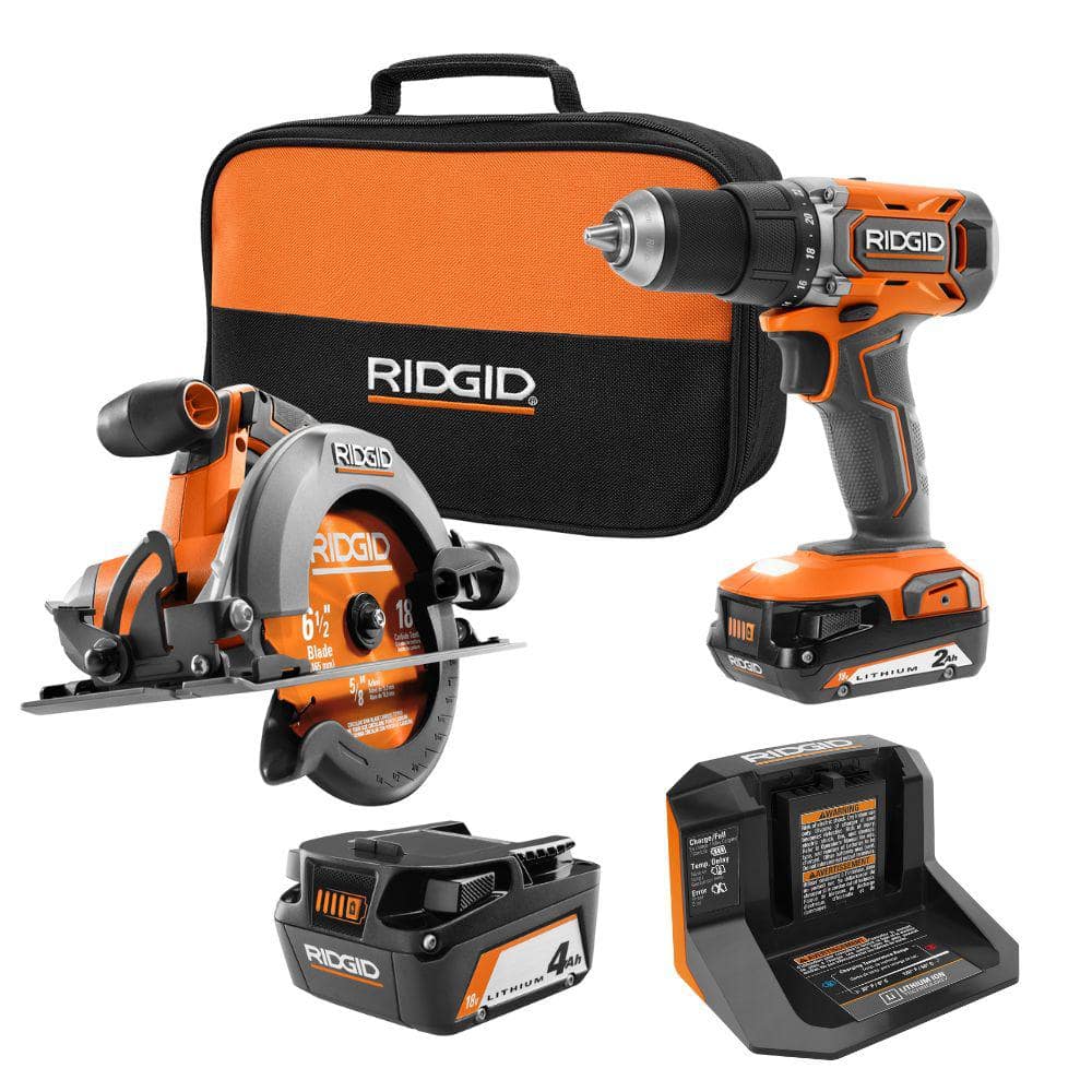 RIDGID 18V Cordless 2-Tool Combo Kit with 2.0 Ah Battery, 4.0 Ah Batte ...
