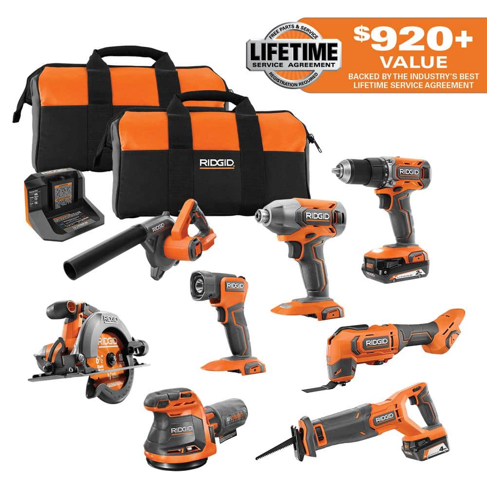 RIDGID 18V Cordless 8-Tool Combo Kit with 2.0 Ah Battery, 4.0 Ah Batte ...