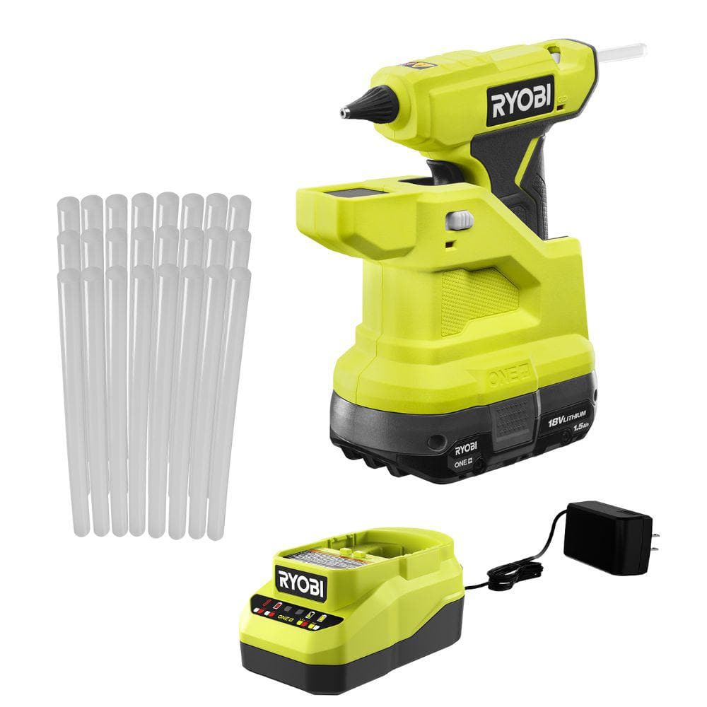 RYOBI ONE+ 18V Cordless Compact Glue Gun Kit with 1.5 Ah Battery, Char ...