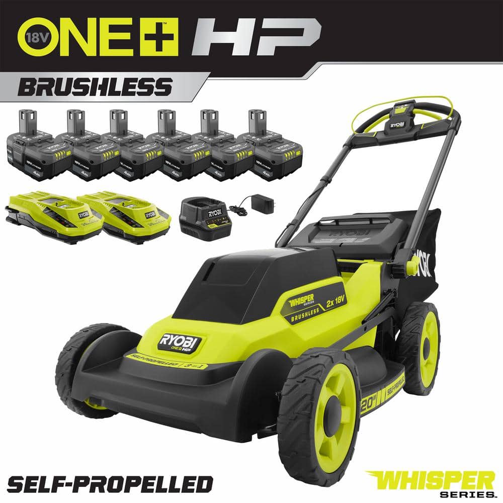 RYOBI ONE+ 18V HP Brushless Whisper Series 20" Self-Propelled Dual Bla ...