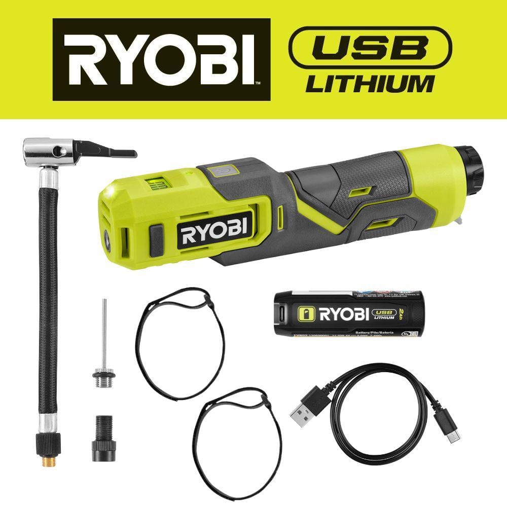 RYOBI USB Lithium Cordless High Pressure Portable Inflator Kit with 2 ...