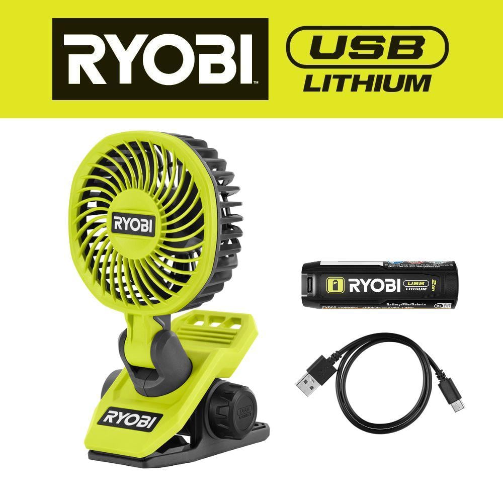 RYOBI USB Lithium Clamp Fan Kit with 2.0 Ah USB Lithium Battery and Ch ...