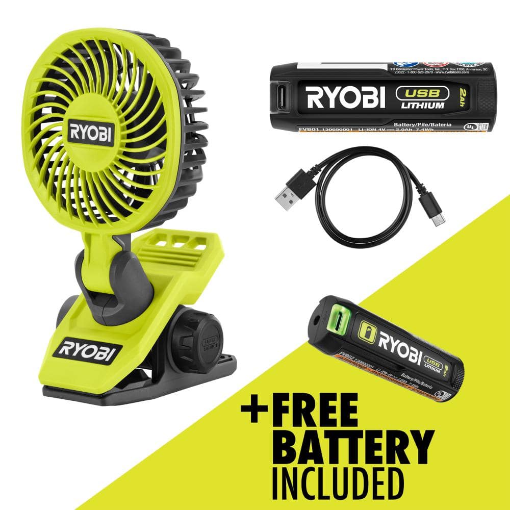 RYOBI USB Lithium Clamp Fan Kit with USB Lithium 2.0 Ah Lithium Rechar ...