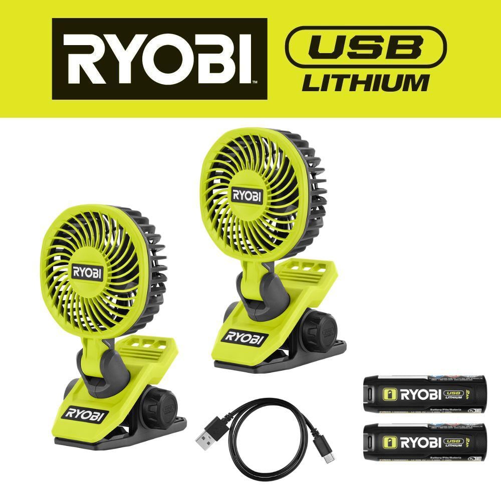 RYOBI USB Lithium Clamp Fan Kit 2-Pack with (2) 2.0 Ah USB Lithium Bat ...