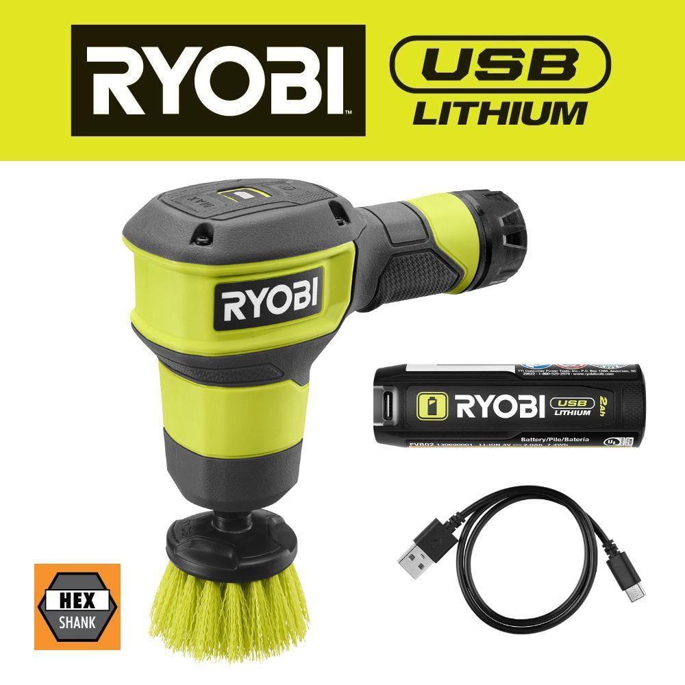 RYOBI USB Lithium Compact Scrubber Kit with 2.0 Ah Battery, USB Chargi ...